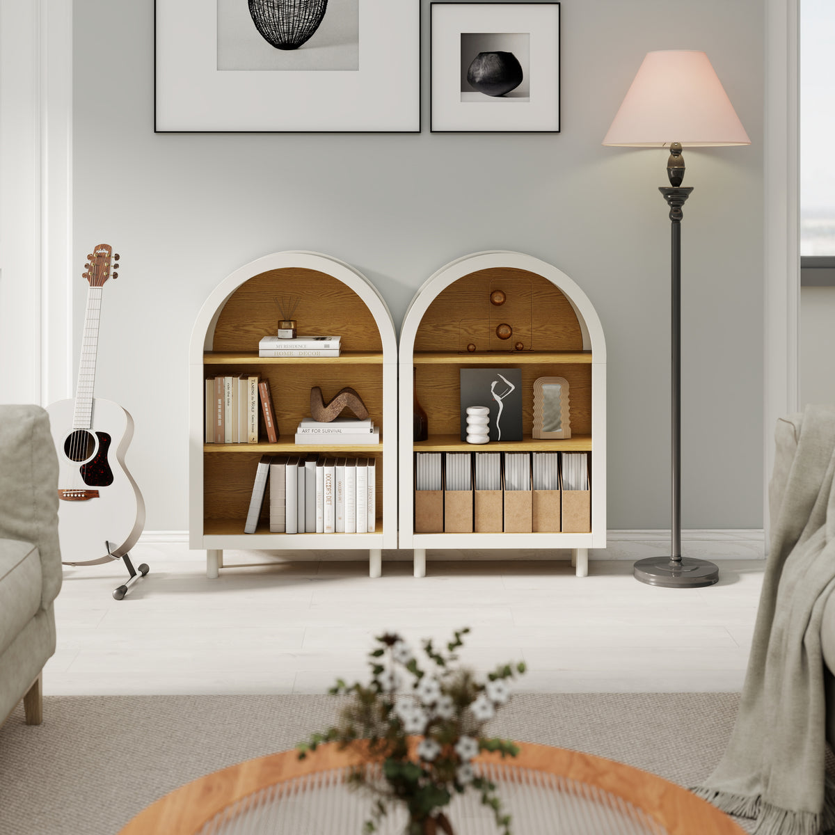 Arched Wooden Bookcase with 3 Shelves, White & Woodgrain, 3-Tier ...